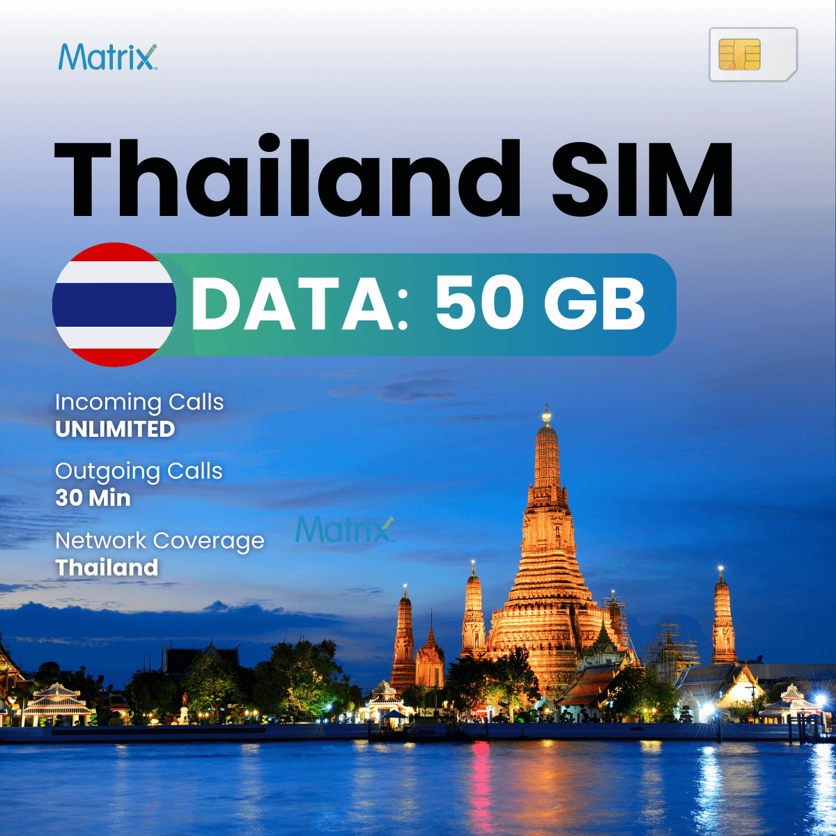 Thailand Sim Card | 50 GB Data with (+66) Number | Matrix